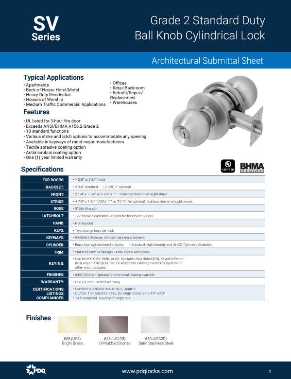 SV Series Grade 2 Cylindrical Lock | PDQ Locks